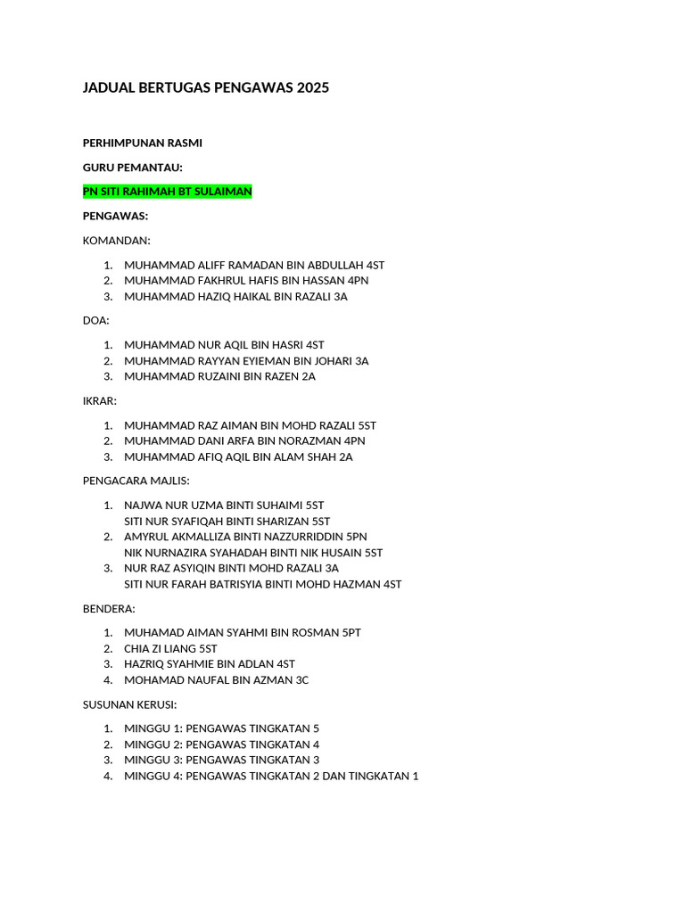 Jadual Bertugas Pengawas 2025 | PDF