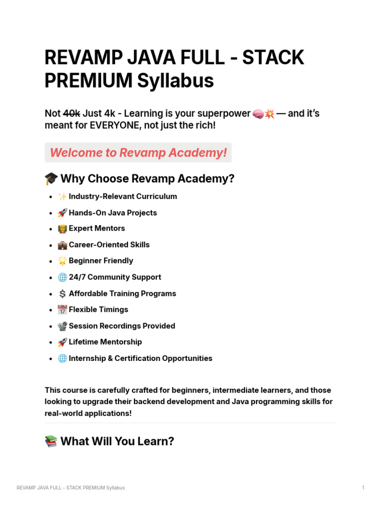 Revamp Java Full Stack Premium Brochure | PDF | Java (Programming Language) | Software