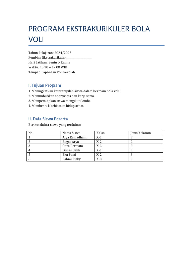 Program Ekstrakurikuler Bola Voli Lengkap Absen | PDF