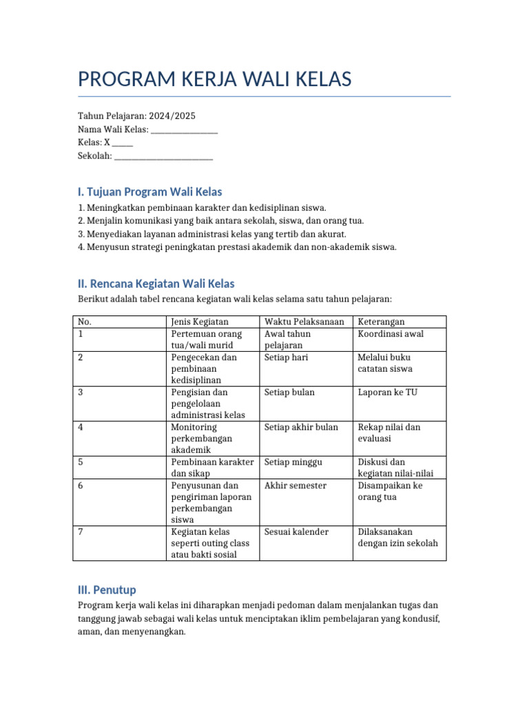 Program Kerja Wali Kelas Lengkap Tabel | PDF