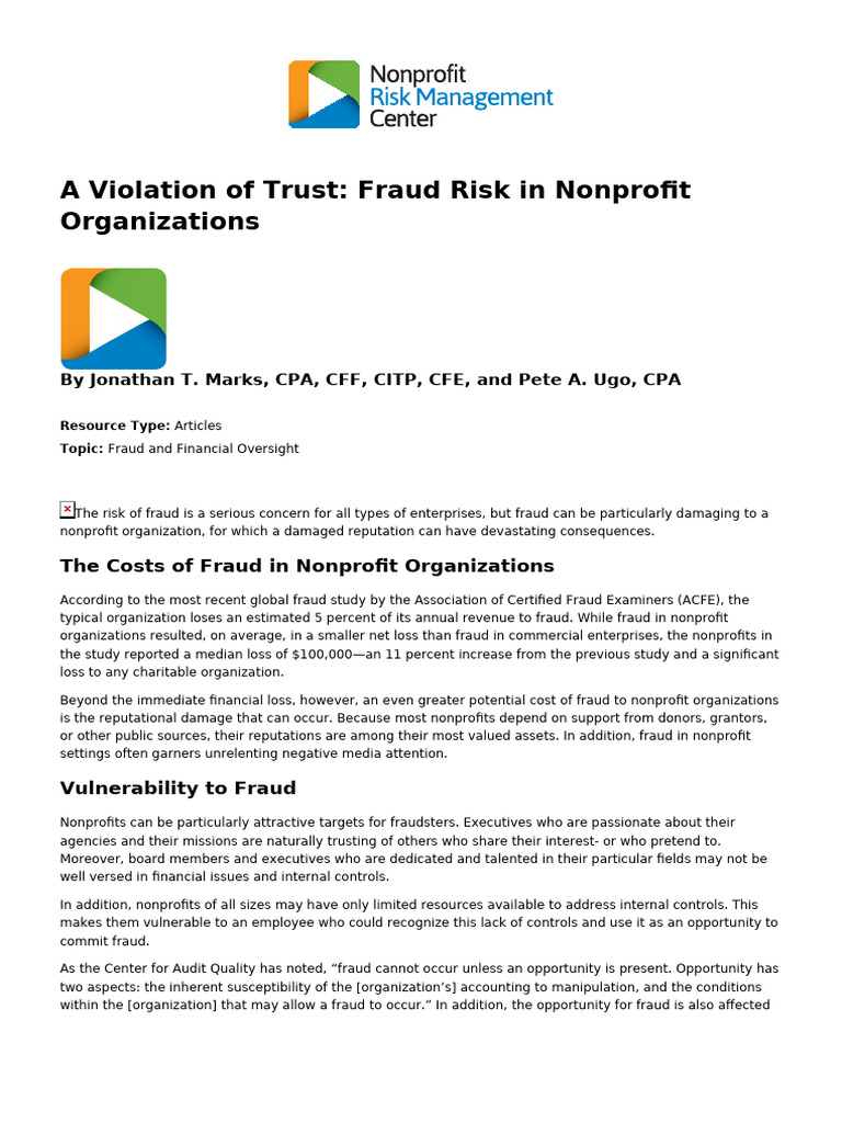 A Violation of Trust - Fraud Risk in Nonprofit Organizations Nonprofit ...
