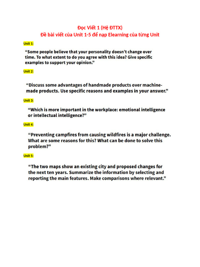 Đề Viết theo từng Unit - Mục Writing Assignment - Elearning | PDF