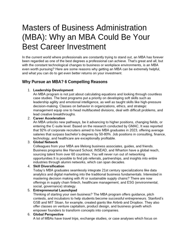 Masters of Business Administration (MBA) - Why An MBA Could Be Your ...