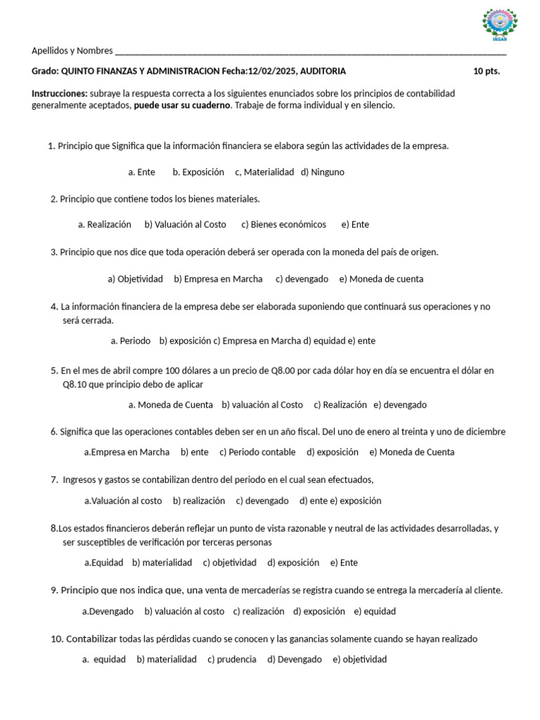 Prueba Corta de Los Pricipios de Contabilidad Generalmente Aceptados ...