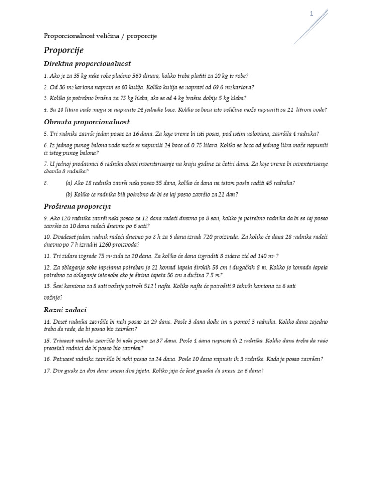 Proporcionalnost Zadaci | PDF