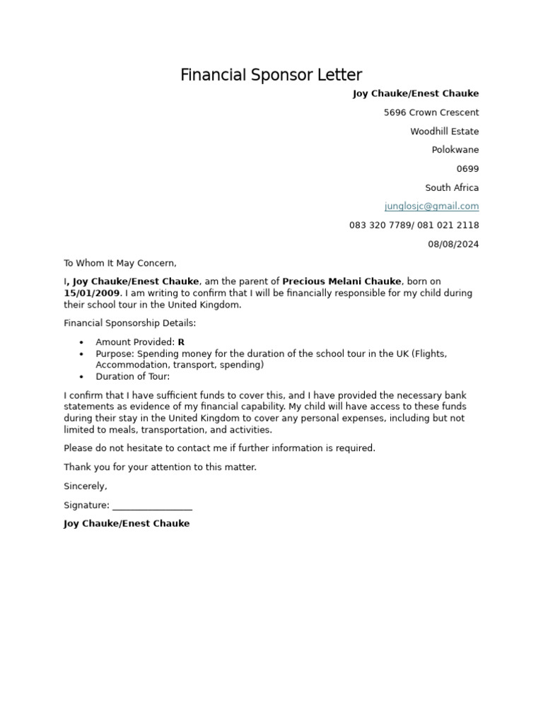 Financial Sponsorship for Precious Chauke | PDF