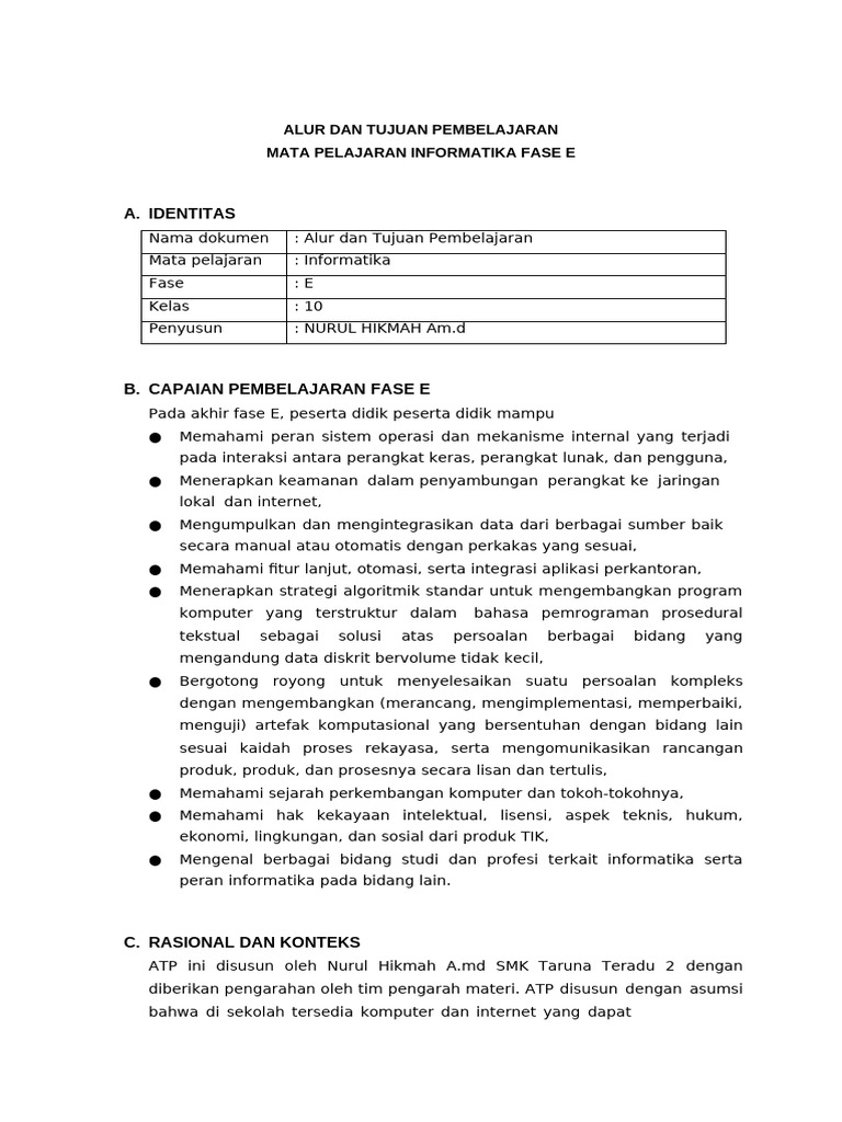 Alur Tujuan Pembelajaran Informatika | PDF