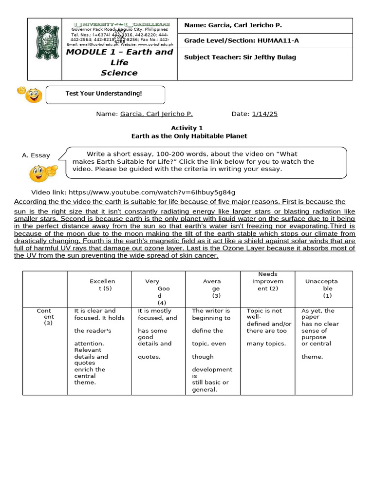 M.1. Earth and Life Science Activity 1 | PDF | Earth | Sun