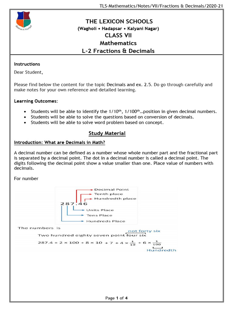 Class 7 Notes: Fractions & Decimals | PDF | Decimal | Numbers