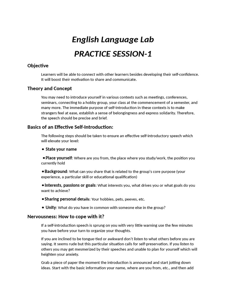 English Language Lab: Self-Introduction Skills | PDF | Communication ...