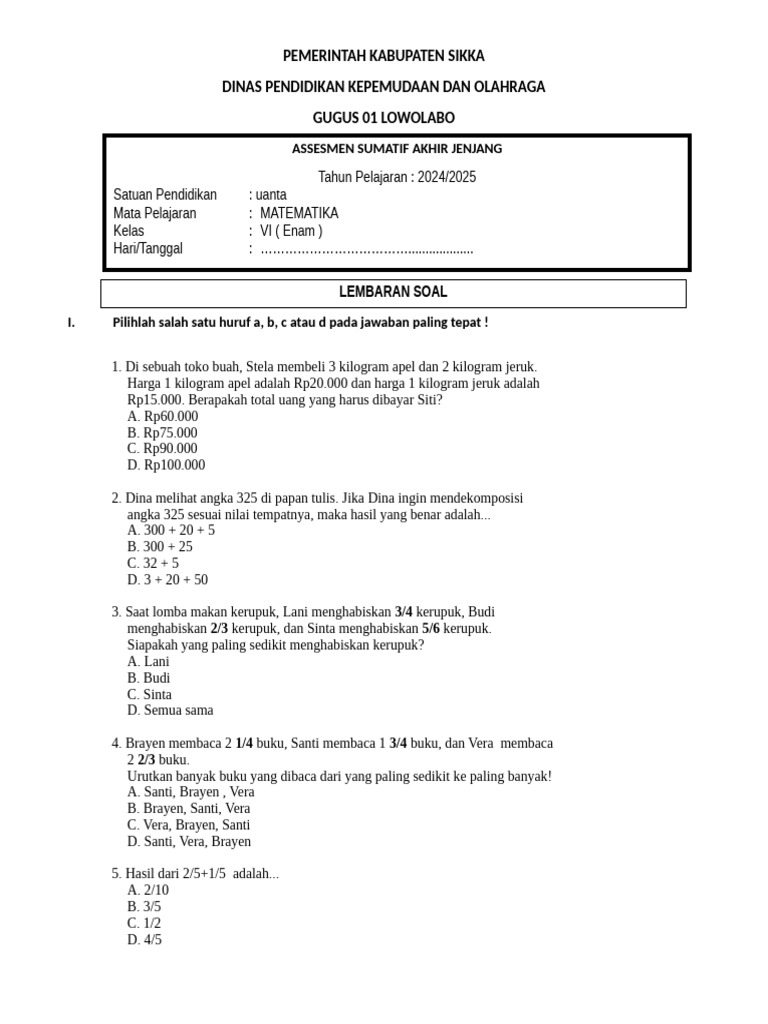 Butir Soal Matematika Asaj 2025 | PDF