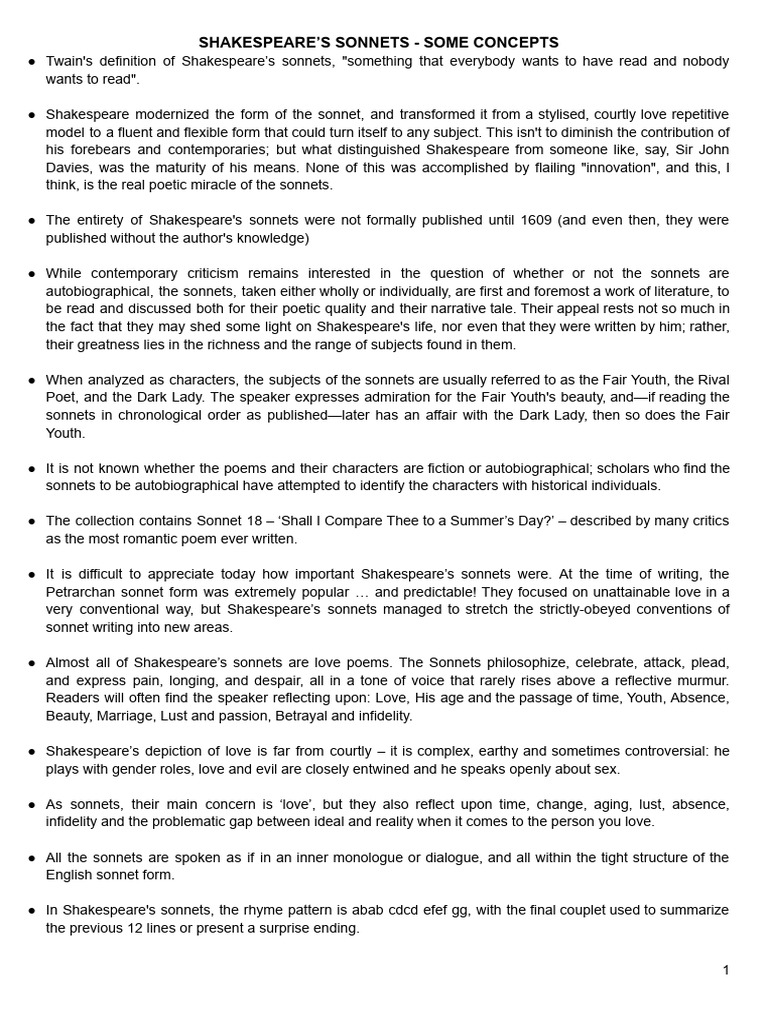 SHAKESPEARE’S SONNETS - SOME CONCEPTS | PDF | Shakespeare's Sonnets ...