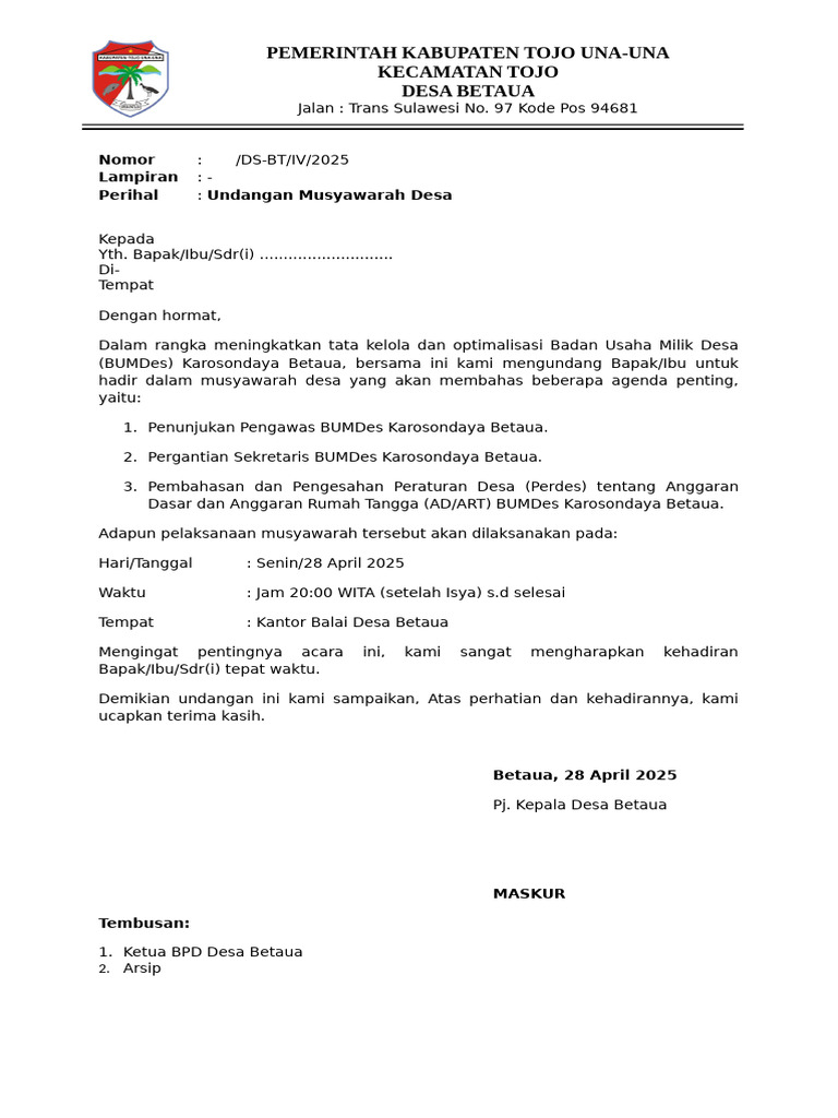 Undangan Musyawarah Desa BUMDes Betaua | PDF