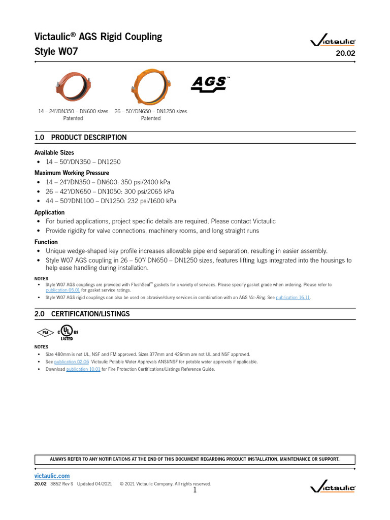 Victaulic AGS Rigid Coupling Style W07: 1.0 Product Description | PDF ...