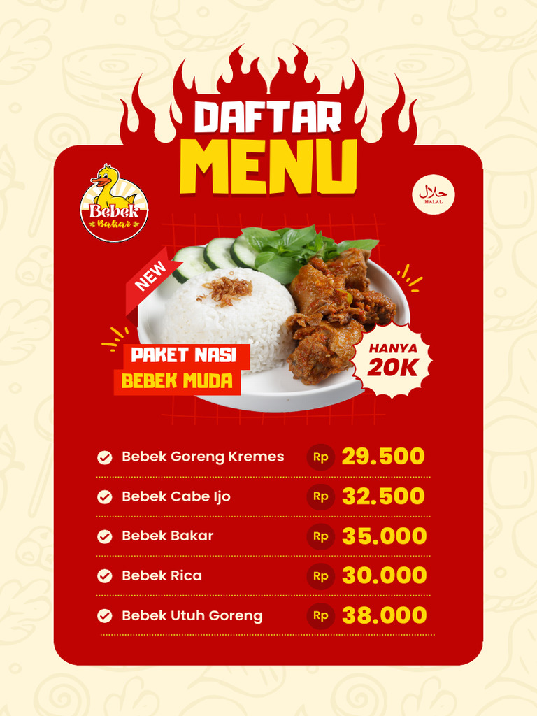 Merah Dan Kuning Kreatif Modern Daftar Makanan Bebek Bakar Menu | PDF