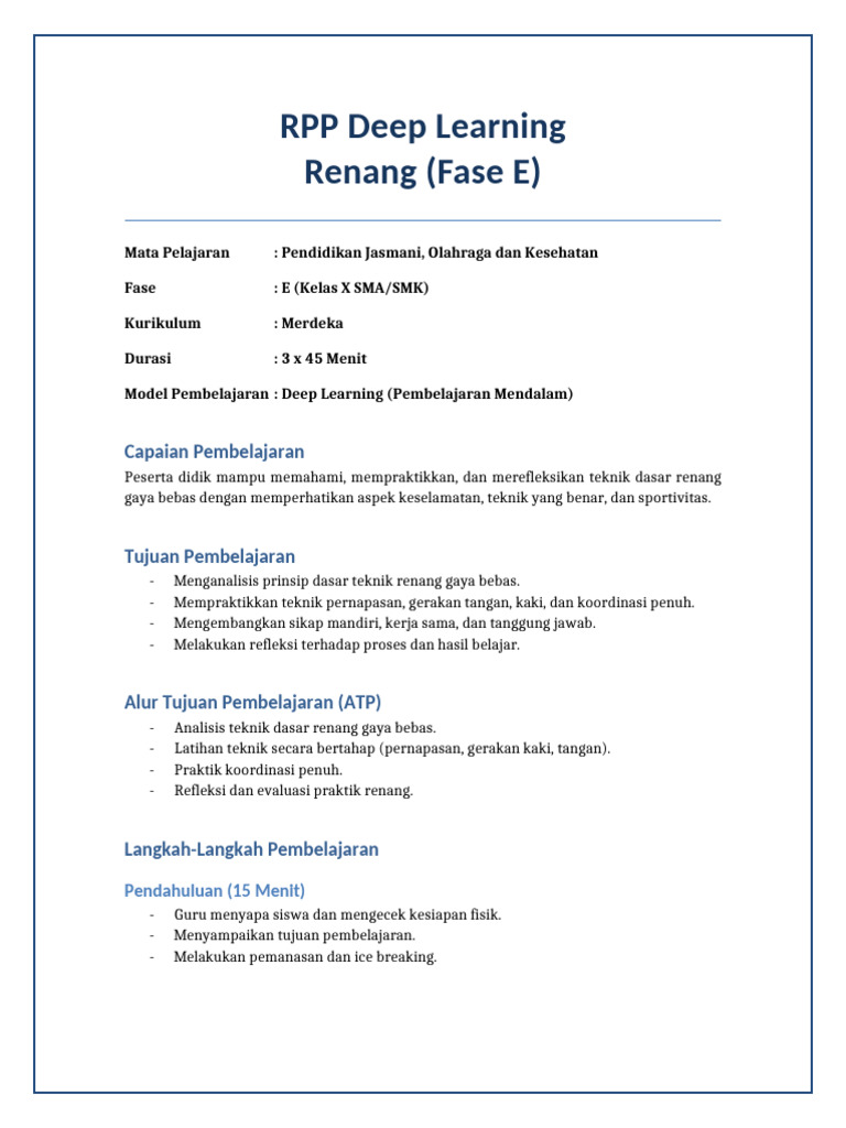 RPP Deep Learning Renang Fase E Kelas X Lengkap LKPD Rubrik | PDF