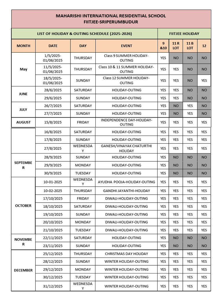 Fiitjee - Holiday Schedule 2025-2026 | PDF