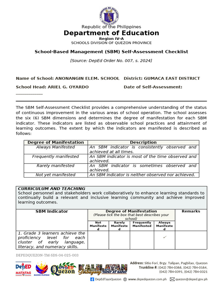 SBM Self-Assessment Checklist | PDF | Learning | Teachers