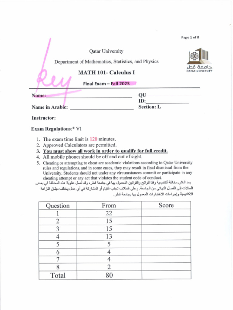 key-Final-Math101-V1-Fall2023 | PDF