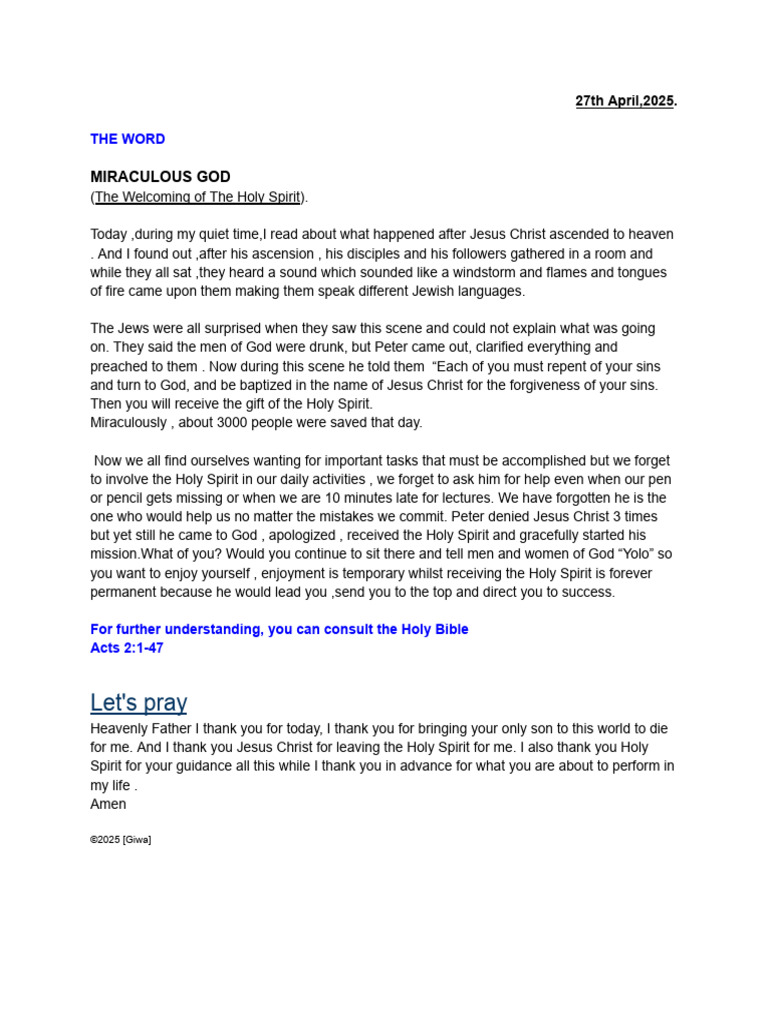 The Word Sec.1 (Miraculous God - (The Welcoming of The Holy Spirit ...