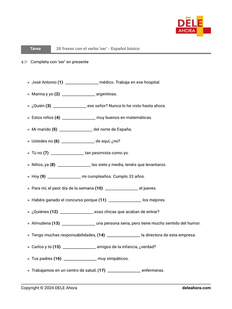 20-frases-con-el-verbo-ser-espanol-basico | PDF