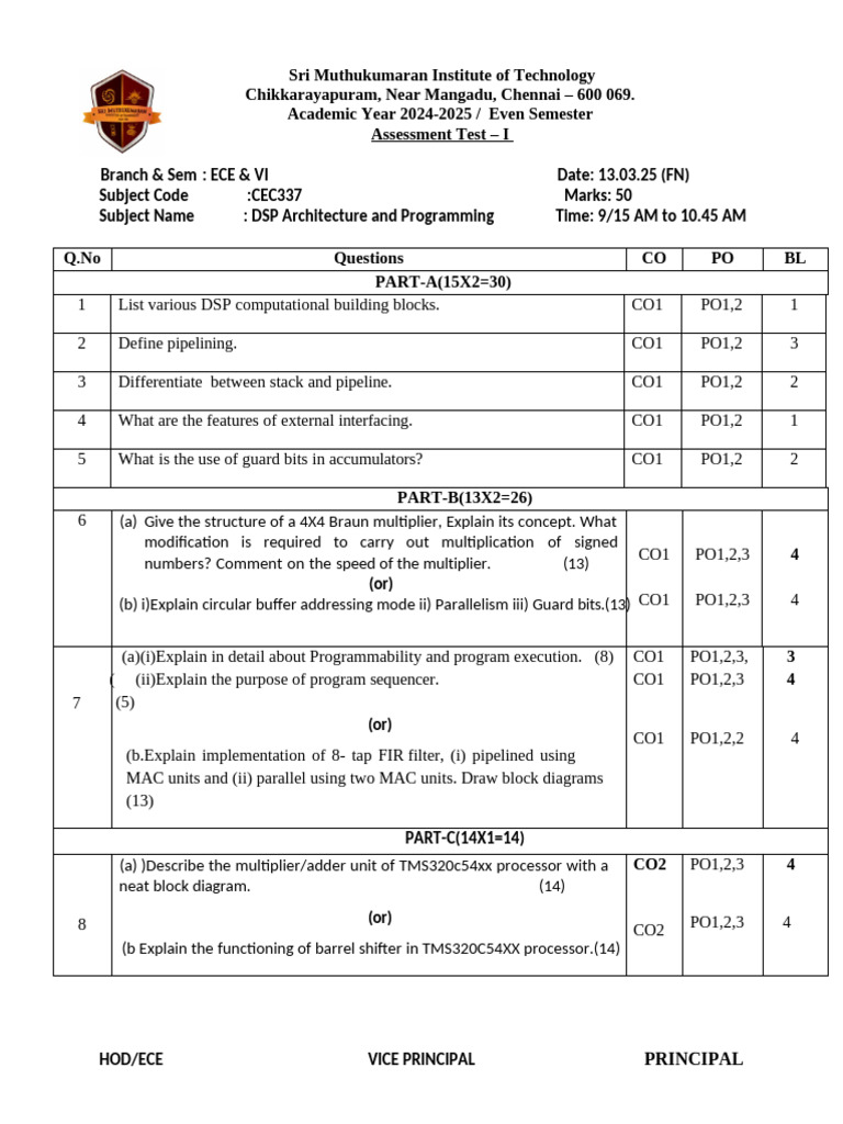CEC337-DSPA-AT-I Set-II QP | PDF | Digital Signal Processor | Computer ...