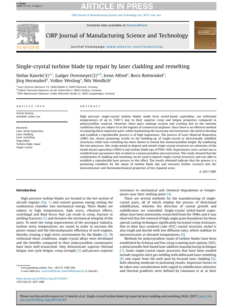 单晶涡轮叶片叶尖激光熔覆重熔修复技术Single-crystal turbine blade tip repair by laser cladding and remelting | PDF ...