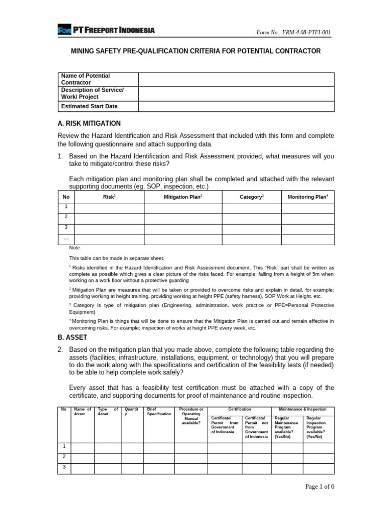 Attachment 5 - Form 001 Pre-Qualification Form - English | PDF | Risk | Occupational Safety And ...