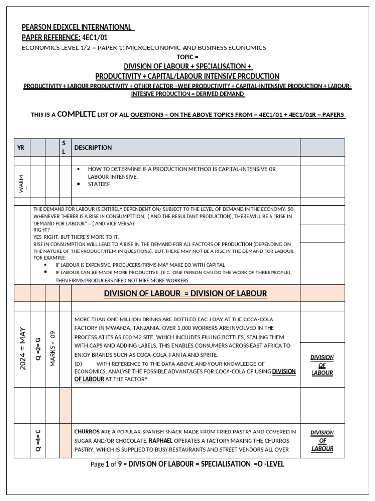 Division of Labour and Specialisation Insights | PDF | Labour Economics ...