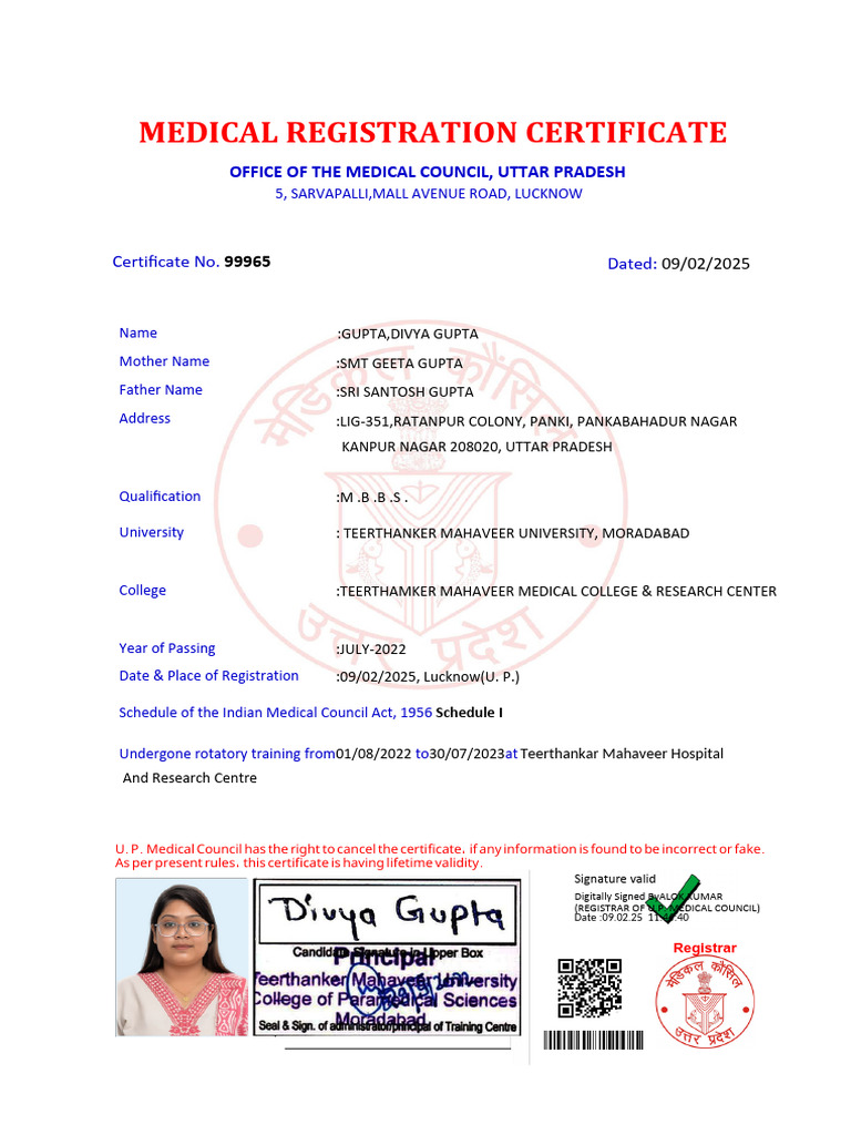 Divya Gupta MD Medical License Certificate | PDF