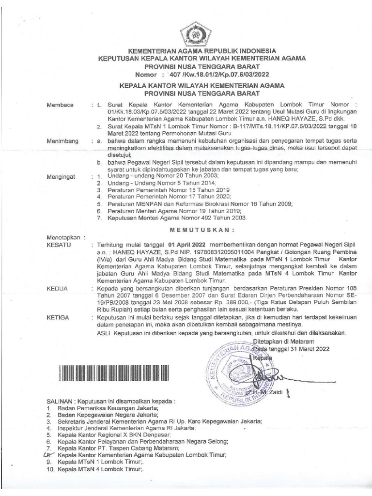 SK Mutasi Ke MTSN4 | PDF