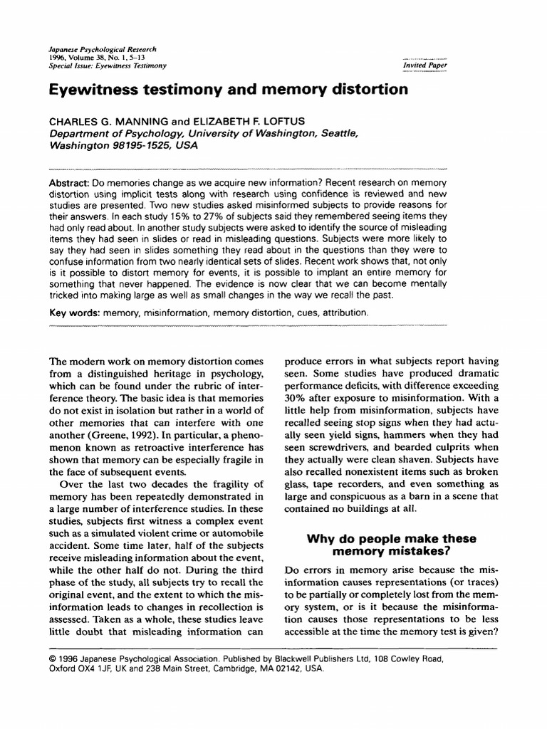 JPN Psychol Res - March 1996 - Manning - Eyewitness Testimony and ...