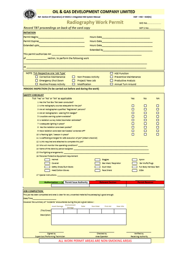 Radiography Work Permit (OGF-HSE-23) | PDF | Occupational Safety And ...