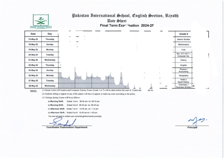 Date Sheet Final Term Exam 2024-25 | PDF