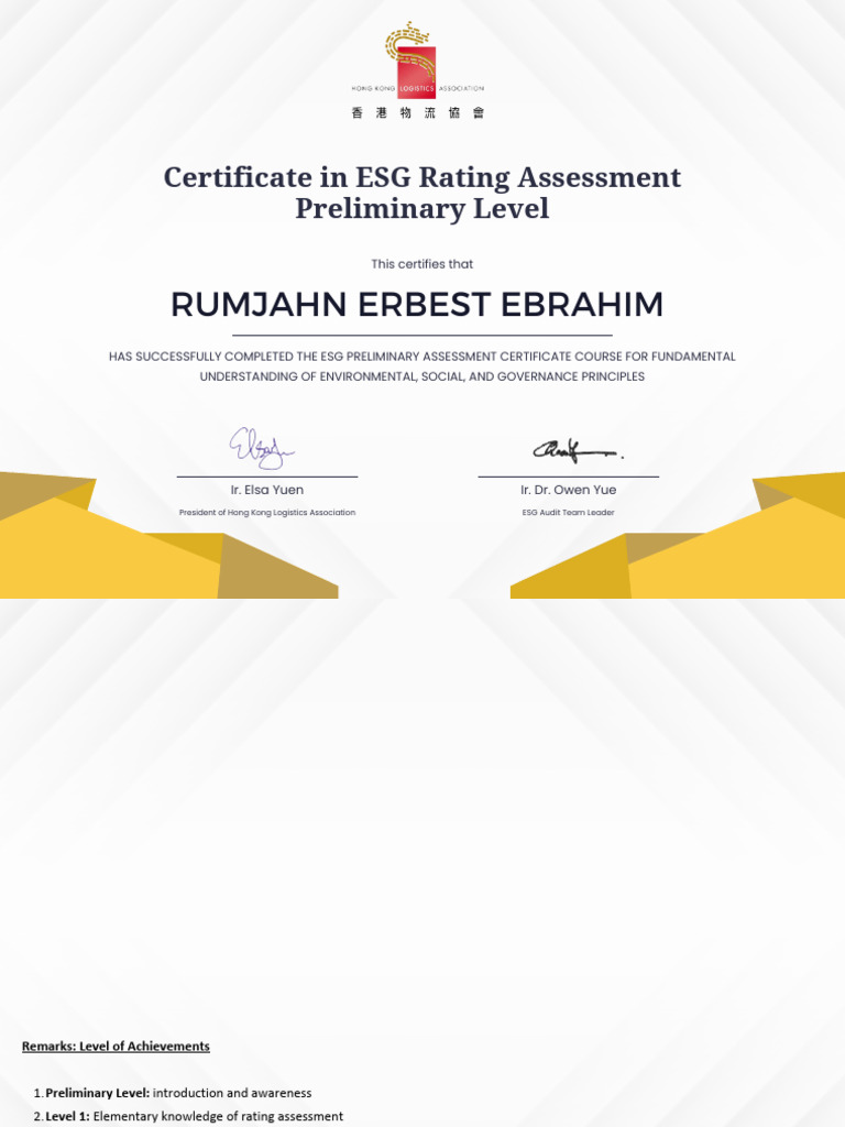 Hkla - Esg Rating Assessment Preliminary Level - Rumjahn Erbest Ebrahim | PDF