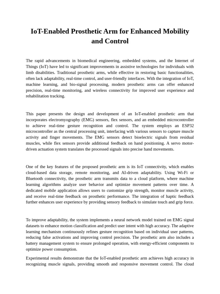 IoT-Enabled Prosthetic Arm for Enhanced Mobility and Control | PDF ...
