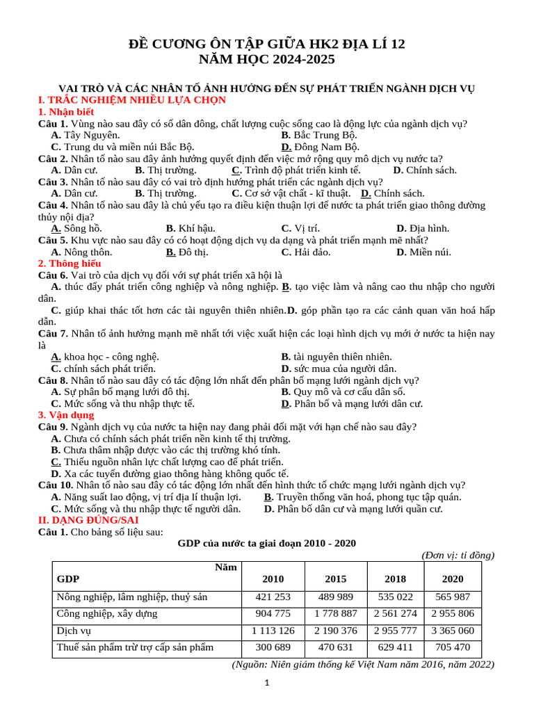 ĐỀ CƯƠNG ÔN TẬP ĐỊA 12 HK2 24-25 | PDF