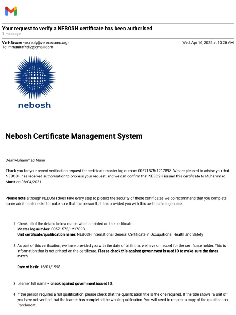 Gmail - Your Request To Verify A NEBOSH Certificate Has Been Authorised ...