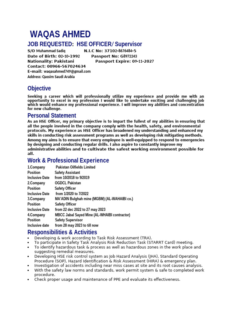 Waqas cv safety officer | PDF | Occupational Safety And Health | Risk Assessment