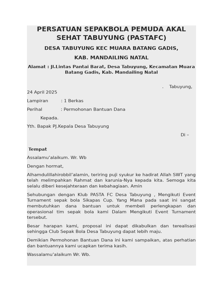 Permohonan Dana PASTA FC Tabuyung | PDF