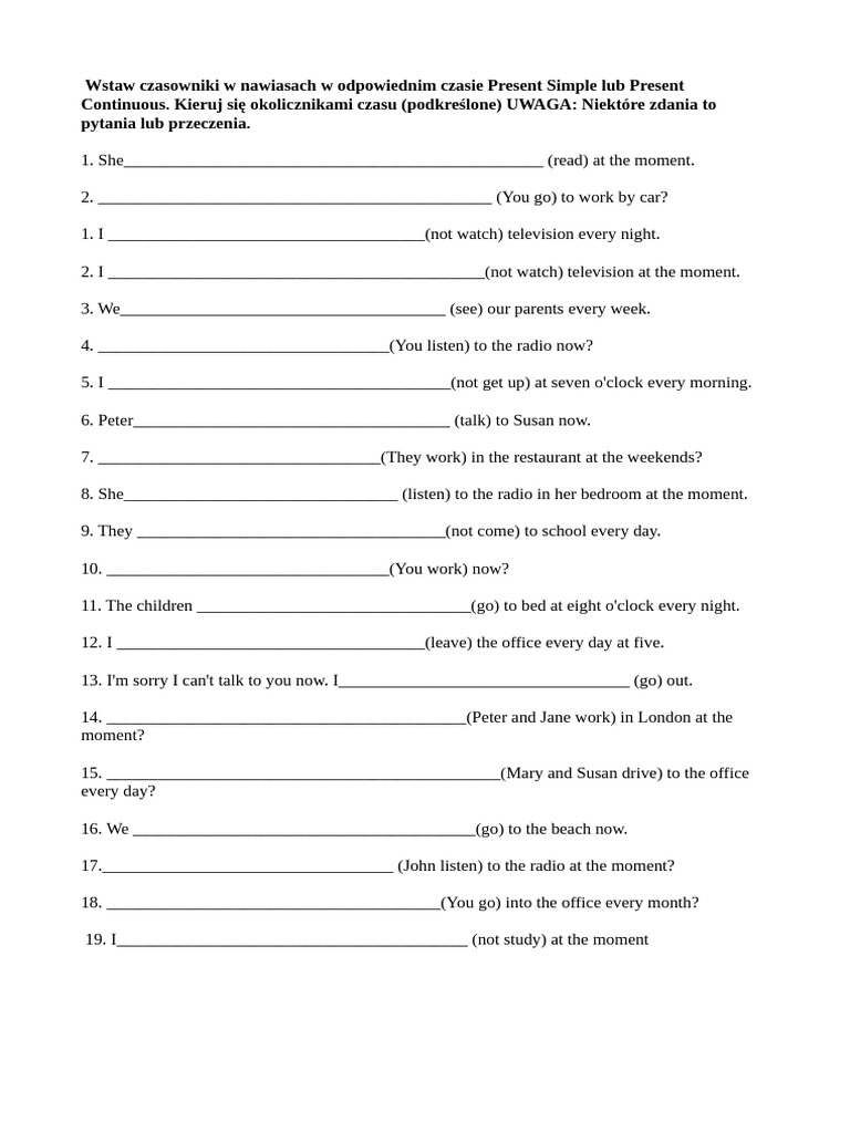 Czasy Teraźniejsze Ćwiczenia KL 5 | PDF