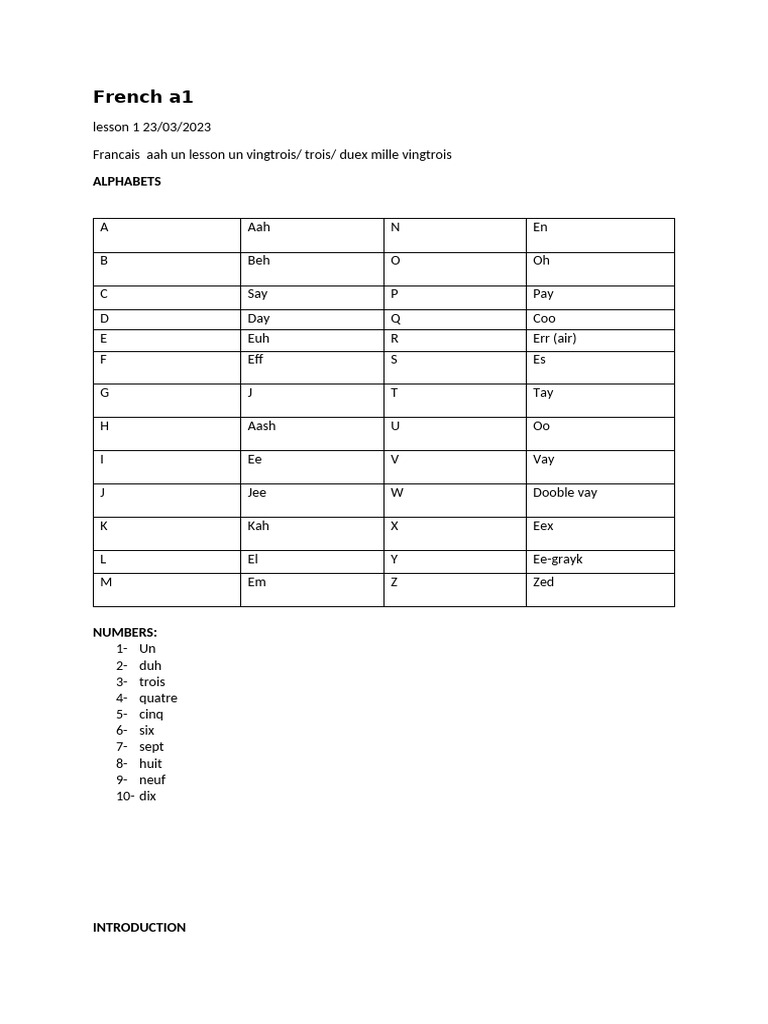 French A1 Lesson 1: Basics and Verbs | PDF | Linguistics | Languages
