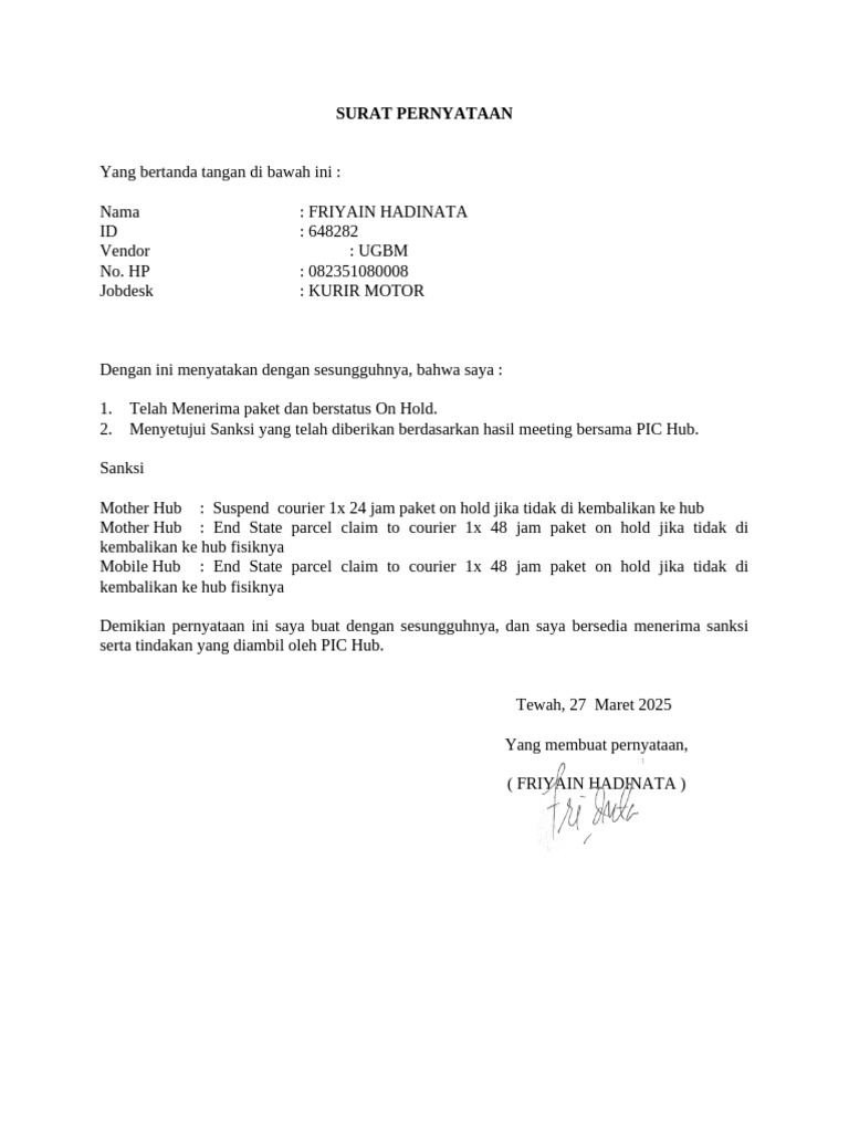 Surat Pernyataan Kurir Motor UGBM | PDF