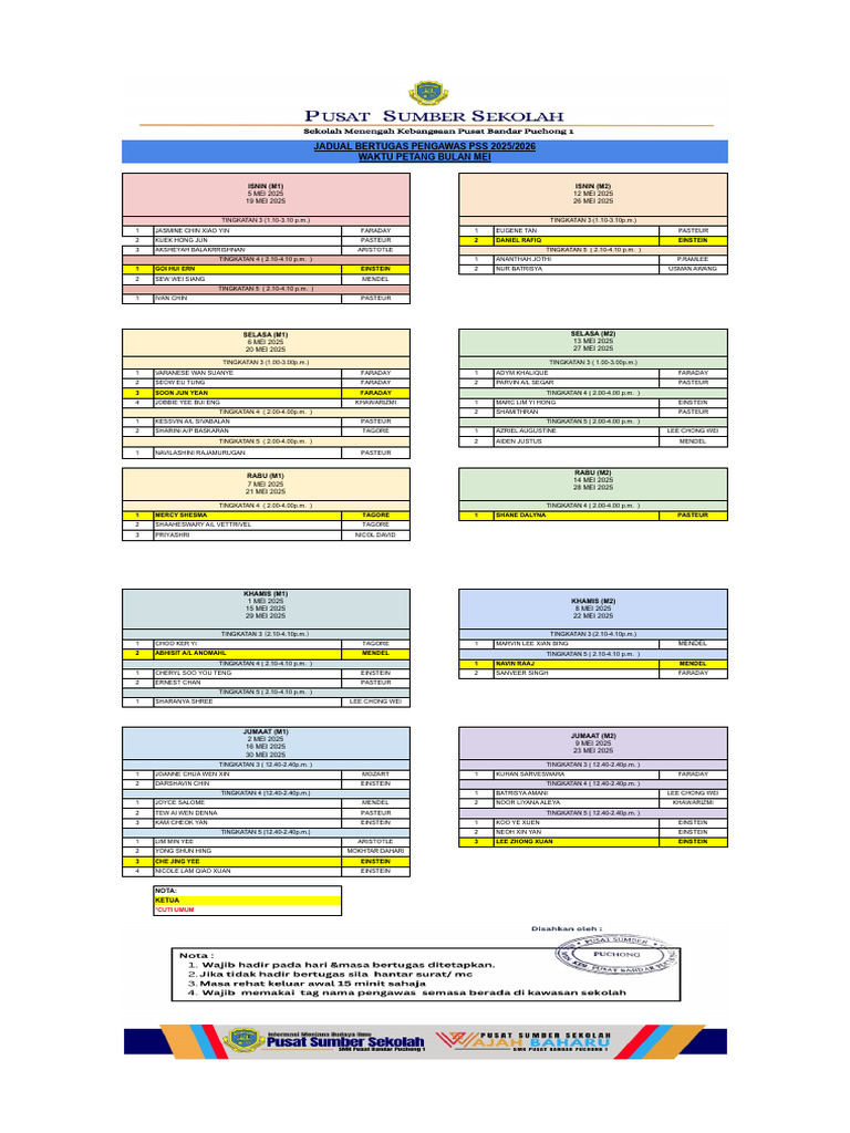JADUAL BERTUGAS SESI PAGI 2025 - 2026 - Waktu Bertugas | PDF