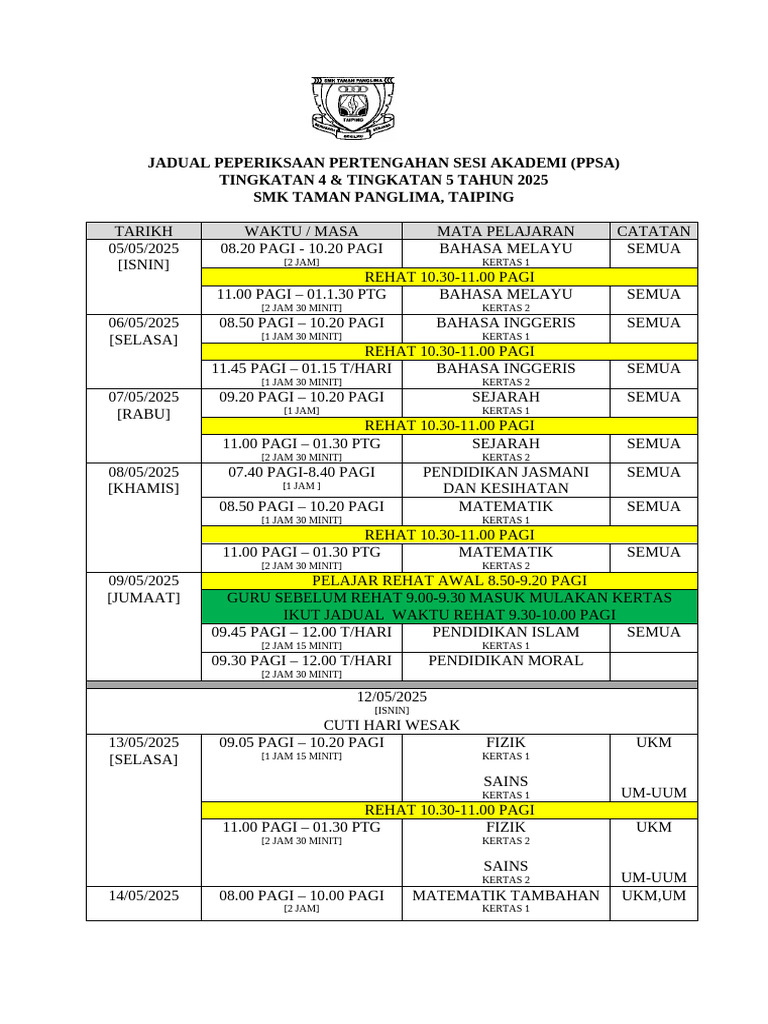 Jadual Ting 4 & 5 Ppsa SMKTP 2025 | PDF