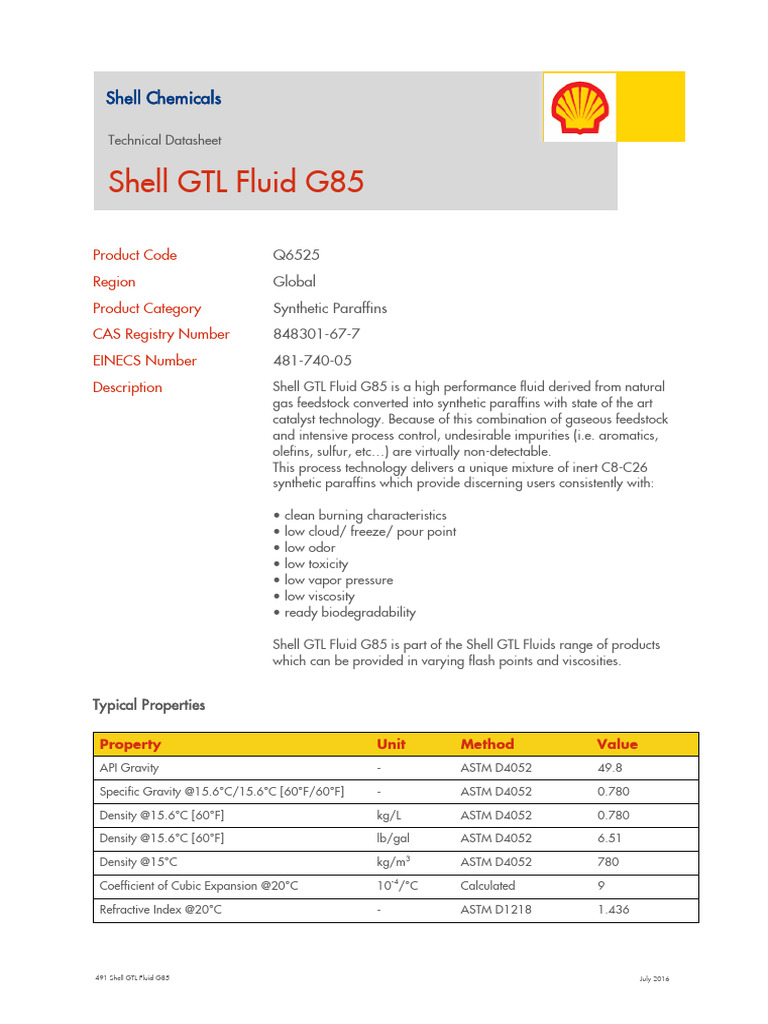Shell GTL Fluid G85 Technical Datasheet | PDF | Gas To Liquids | Viscosity