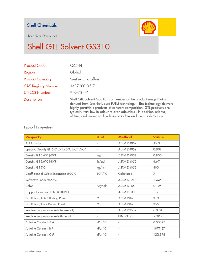 Shell GTL Solvent GS310 Datasheet | PDF | Distillation | Density