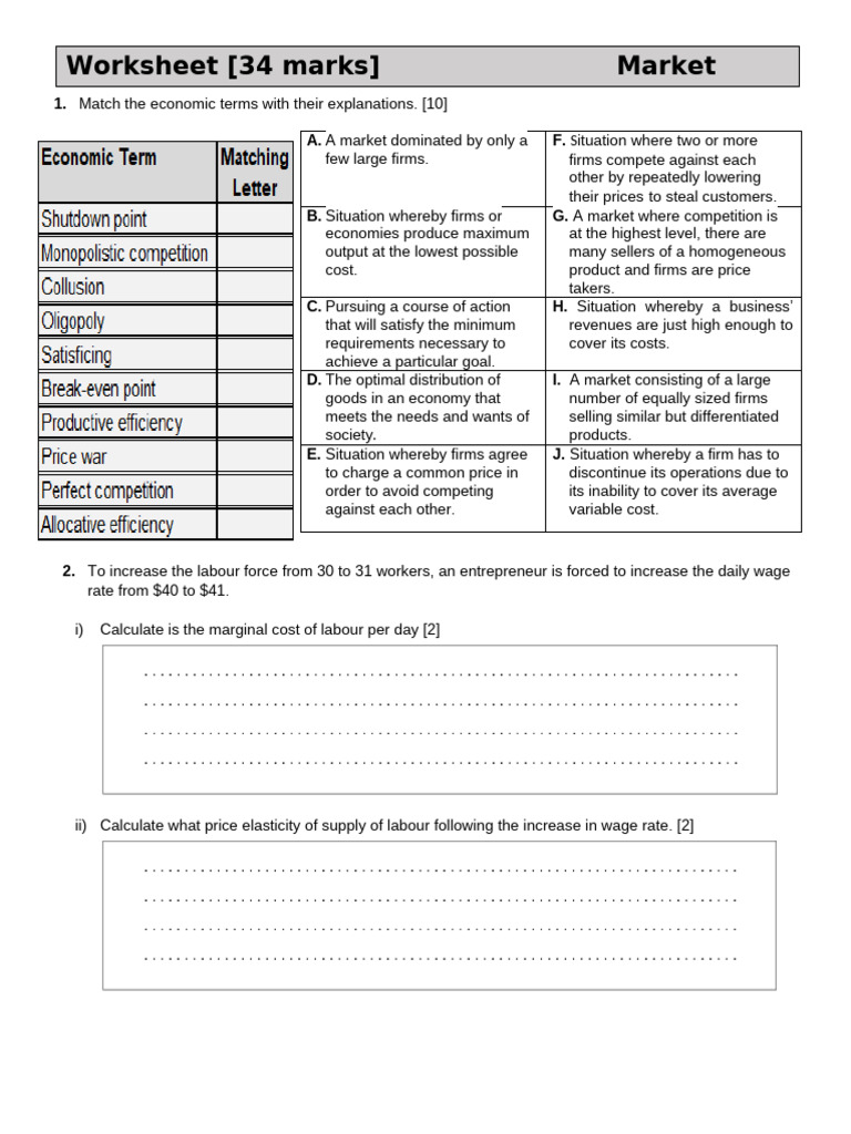 IB Market Structure Worksheet New | PDF | Profit (Economics) | Labour ...