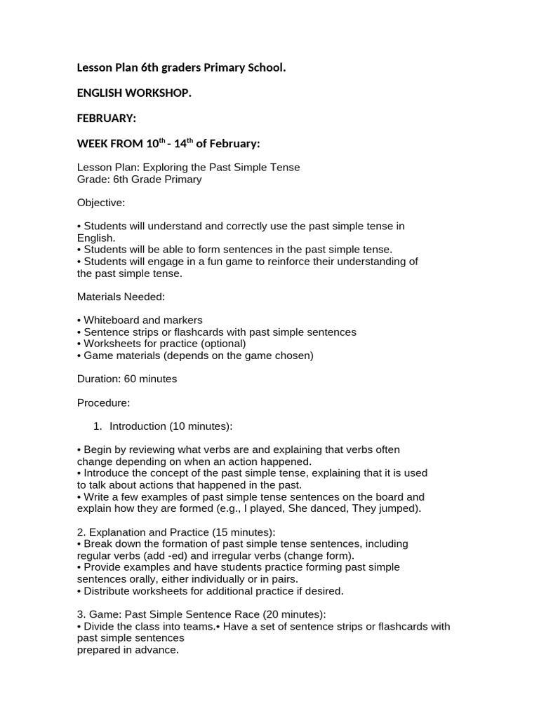 Lesson Plan 6th Graders Primary School 10th-14th of February 24-25 ...
