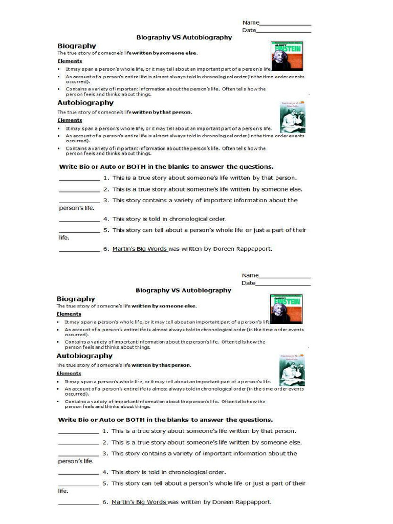 Autobiography Vs Biography Worksheet | PDF | Psychology | Mental Processes